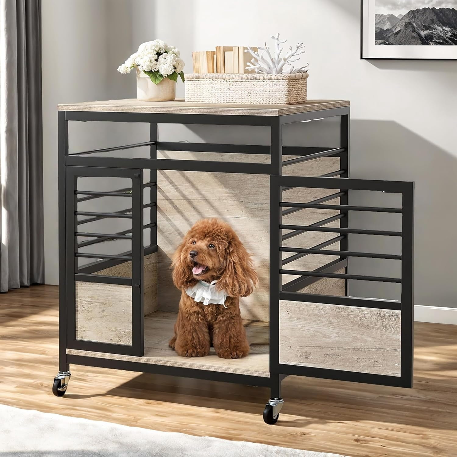 24" Dog Crate Furniture, Farmhouse Decorative Wood Dog Cage End Table ...