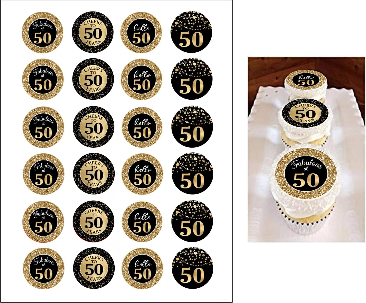 24 Edible 50th Birthday Cupcake Toppers – Black and Gold 50th Birthday ...