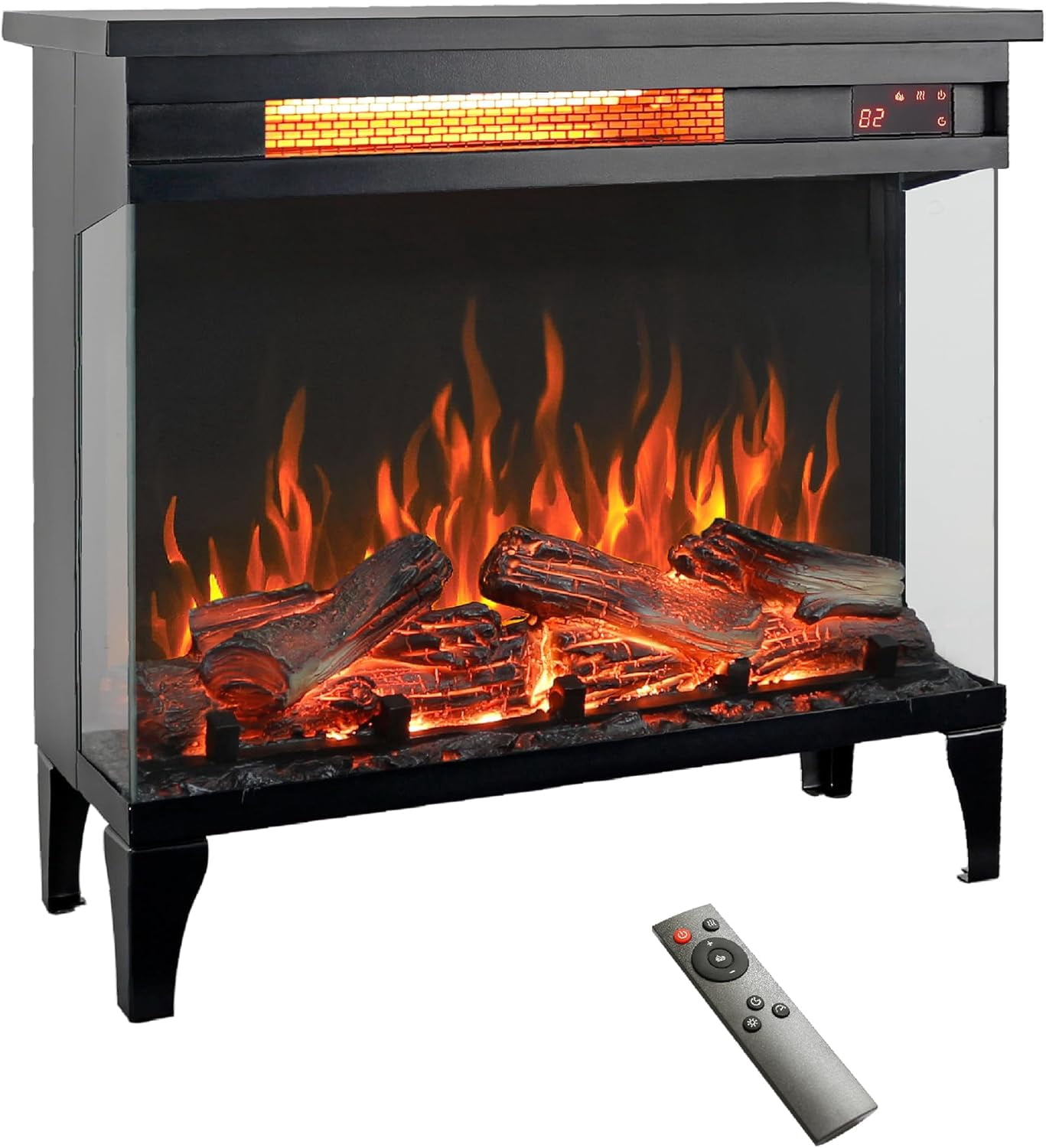 24" Electric Fireplace Heater, 3-Sided Glass Design, Adjustable 4 Flame ...