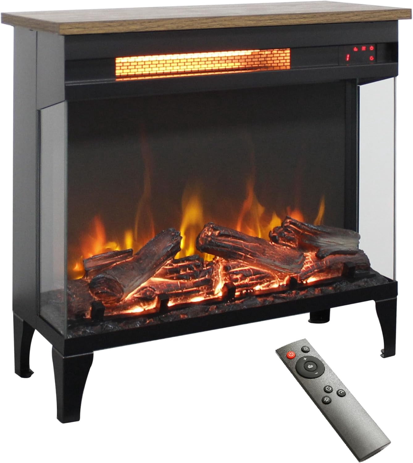 24" Electric Fireplace Heater, 3-Sided Glass & Wooden Top Design ...