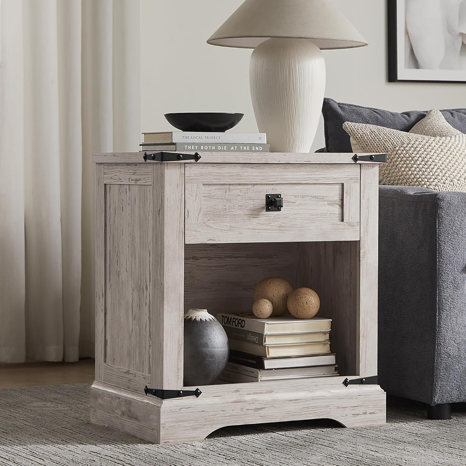24" Farmhouse Nightstand with Charging Station, Drawer & Open Cabinet ...