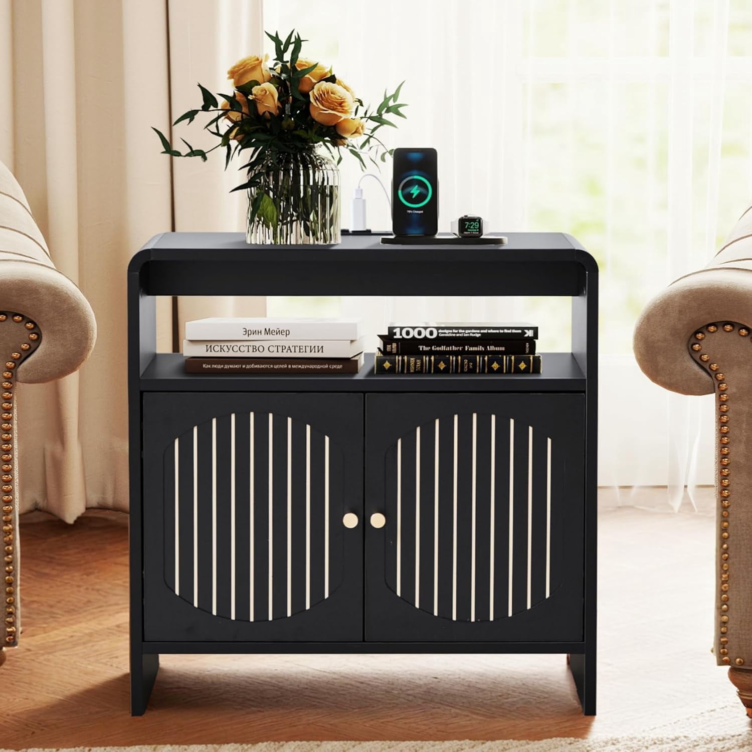 24" Farmhouse Side Table with Charging Station, Mid Century Modern End ...