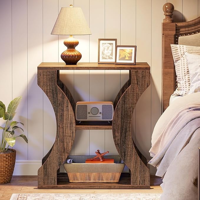 24" Farmhouse Side Table – Rustic Wooden End Table with 3-Tier Open ...