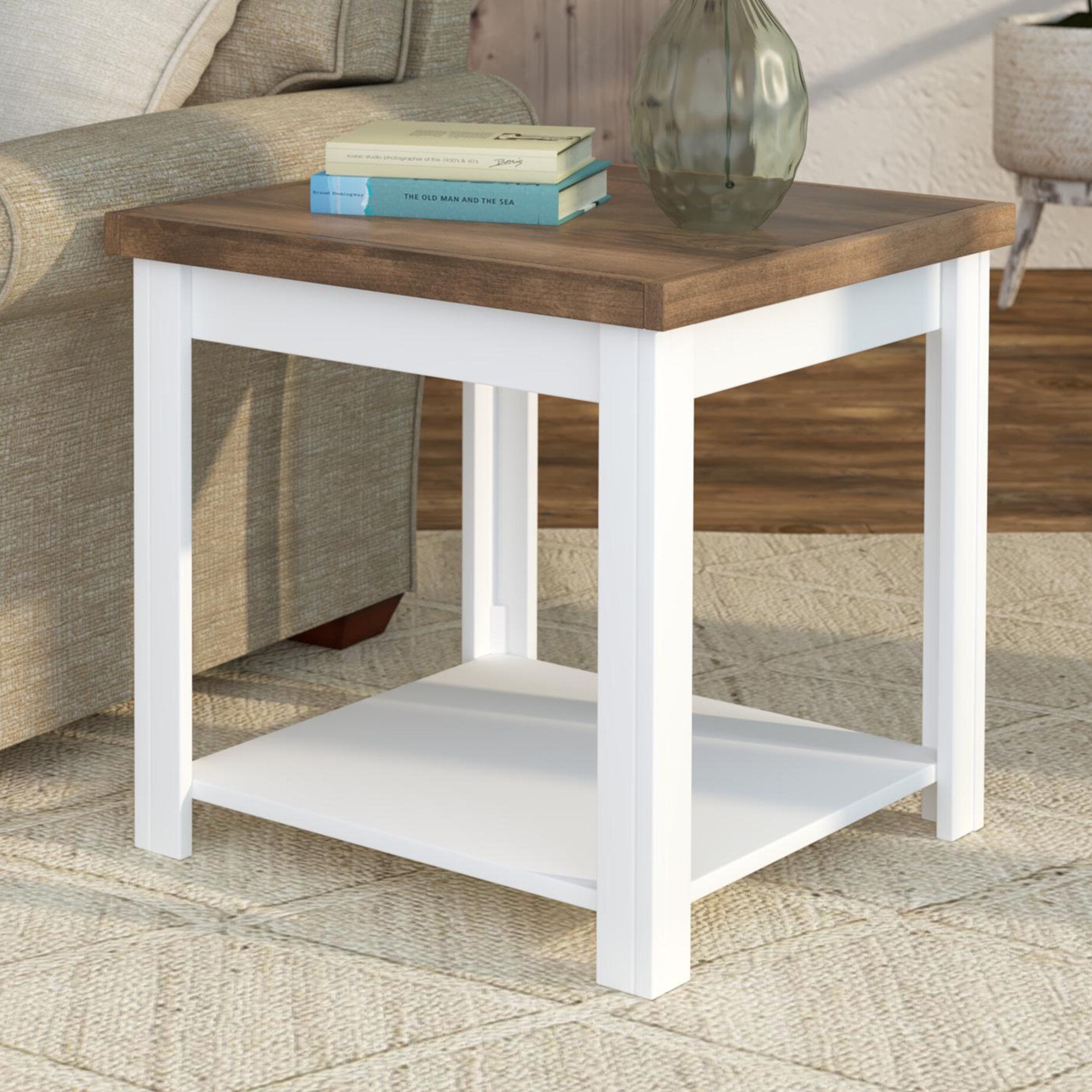 24" Farmhouse Side Table with Storage Shelf, Square Cocktail Table with ...
