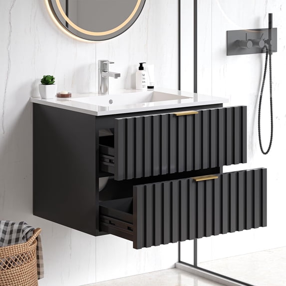 Onbrill 24-Inch Floating Bathroom Vanity with Ceramic Sink and 2 Soft ...