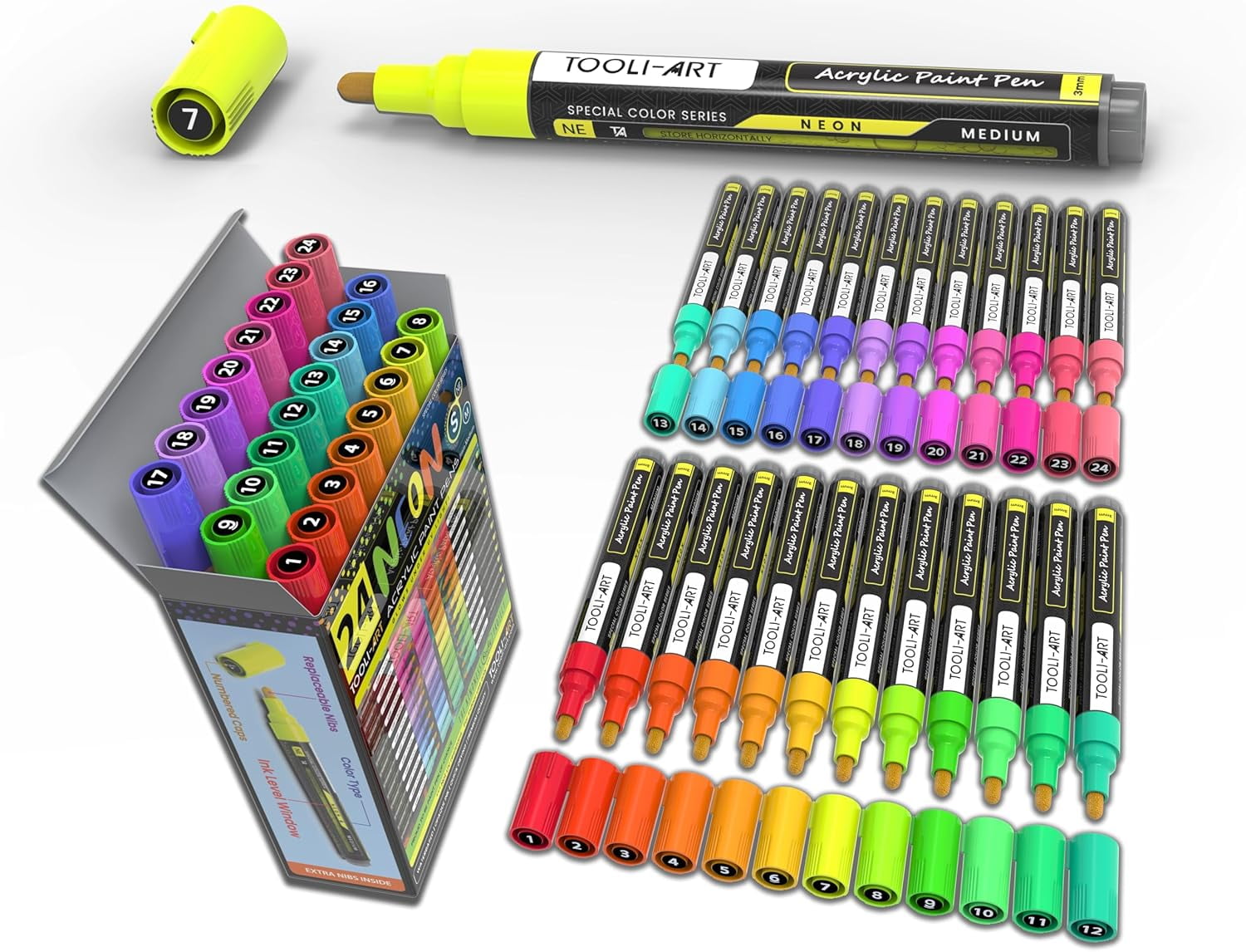 24 Fluorescent Paint Pens Medium Special Color Series Markers Set 3mm ...