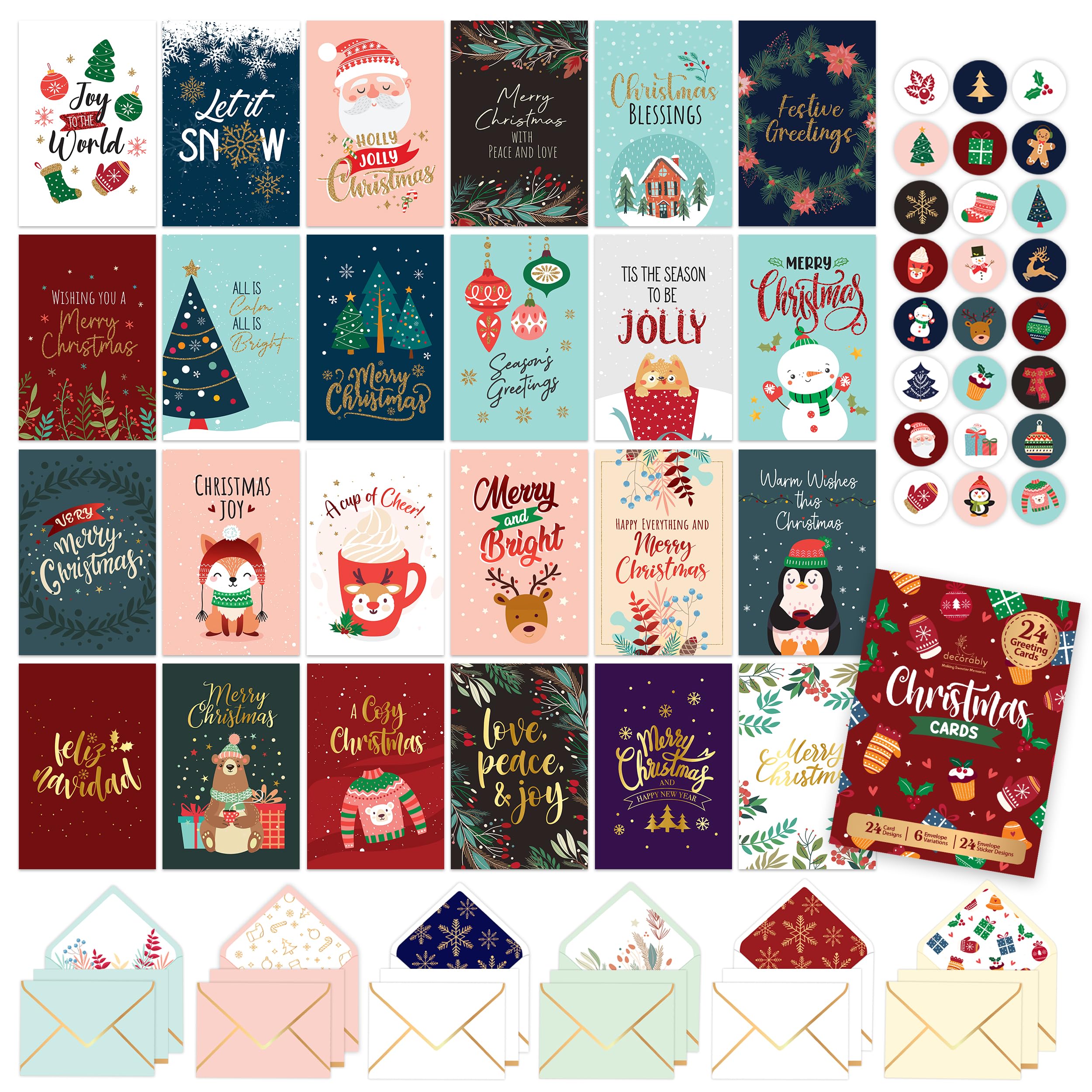 24 Foiled & Glittery Assorted Christmas Cards with Envelopes, 24 ...