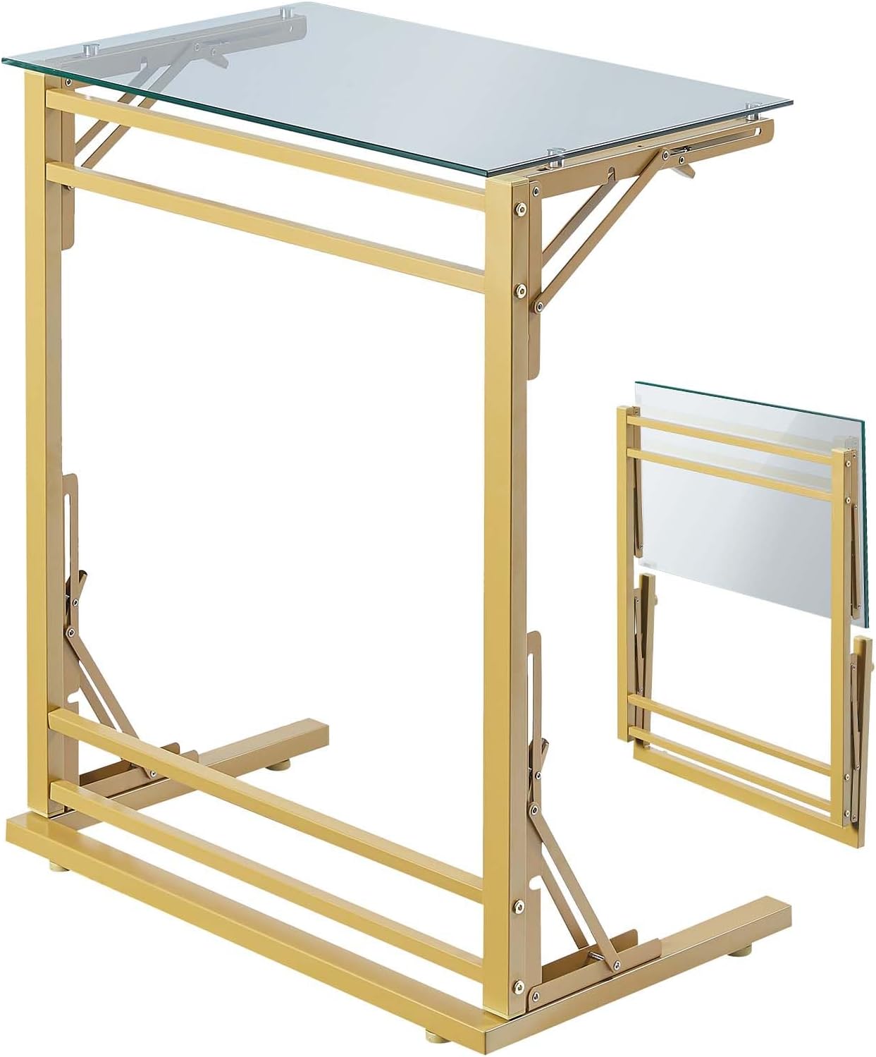 24" Folding C Shaped End Table, Small Tempered Glass Side Table for ...