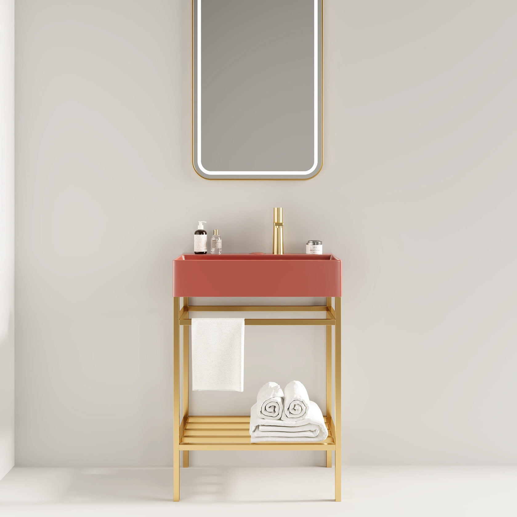 24" Freestanding Bathroom Vanity, Ceramic Basin, Gold Open Metal Leg ...