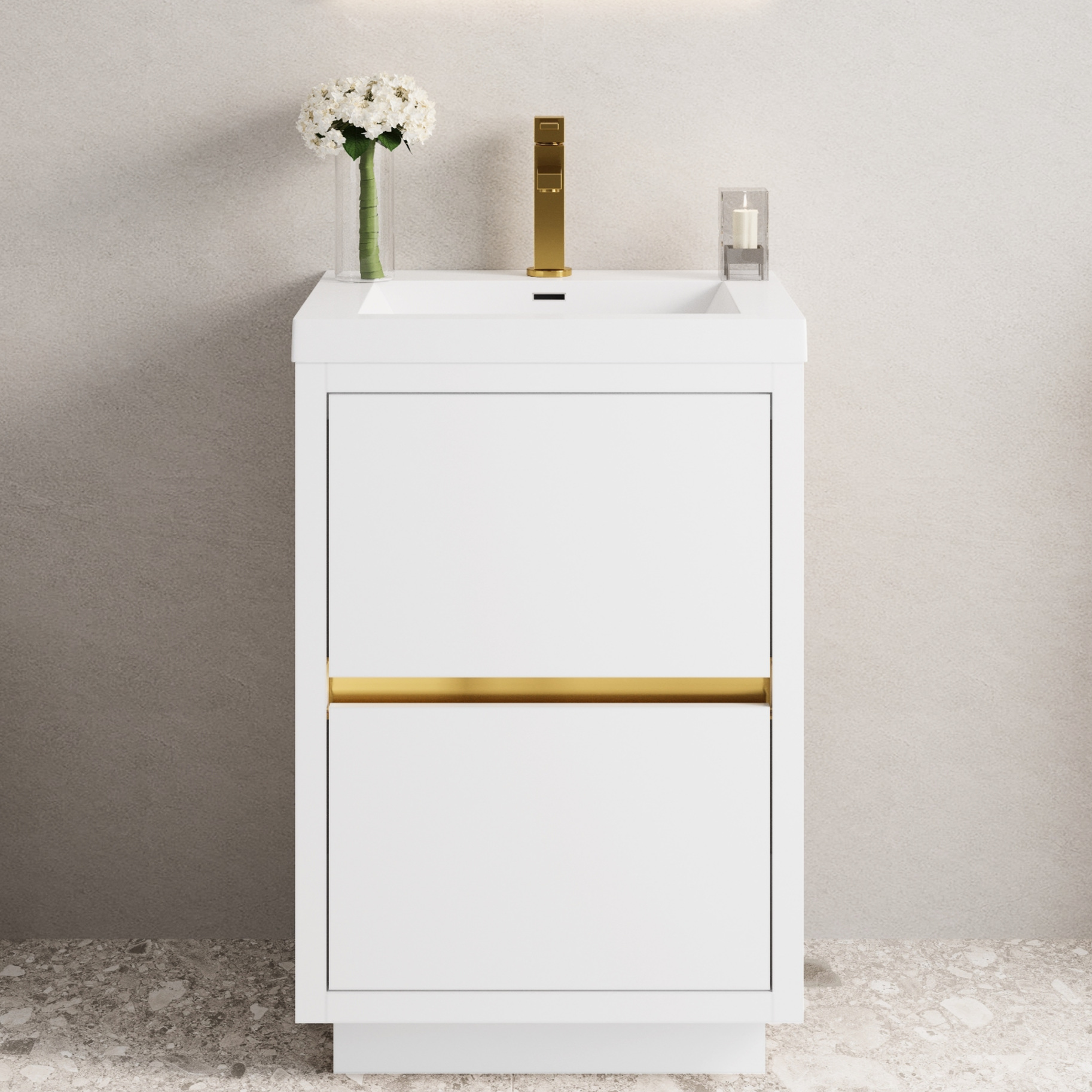 24" Freestanding Bathroom Vanity Set / Glossy White, U - Shape Drain ...