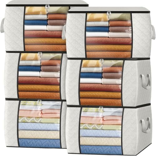 24 Gallons Clothes Storage, Foldable Thick Fabric Blanket Storage Bags ...
