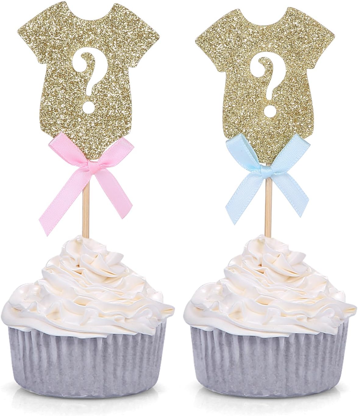 24 Gender Reveal Party Gold Onesie Question Mark Cupcake Toppers ...