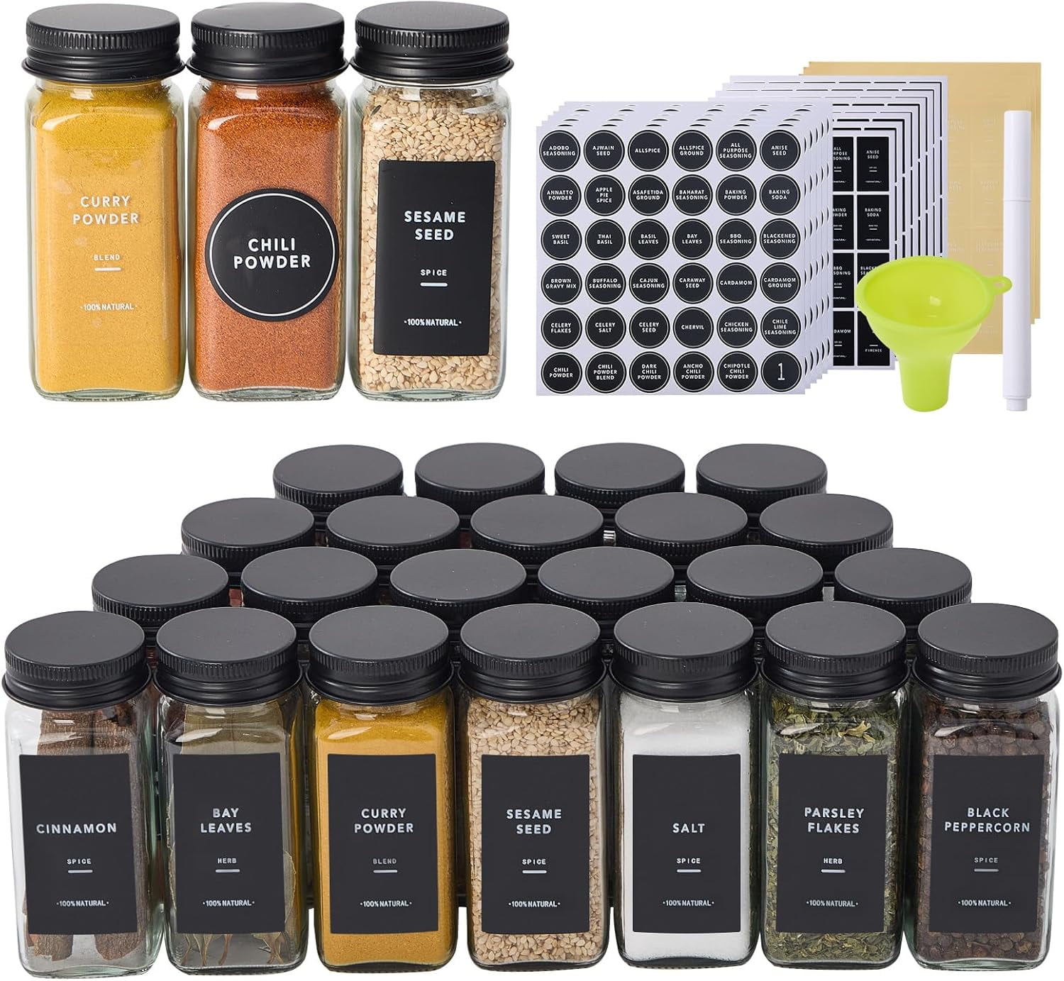 24 Glass Spice Jars with 576 Labels-Spice Jars with Black Metal Caps ...
