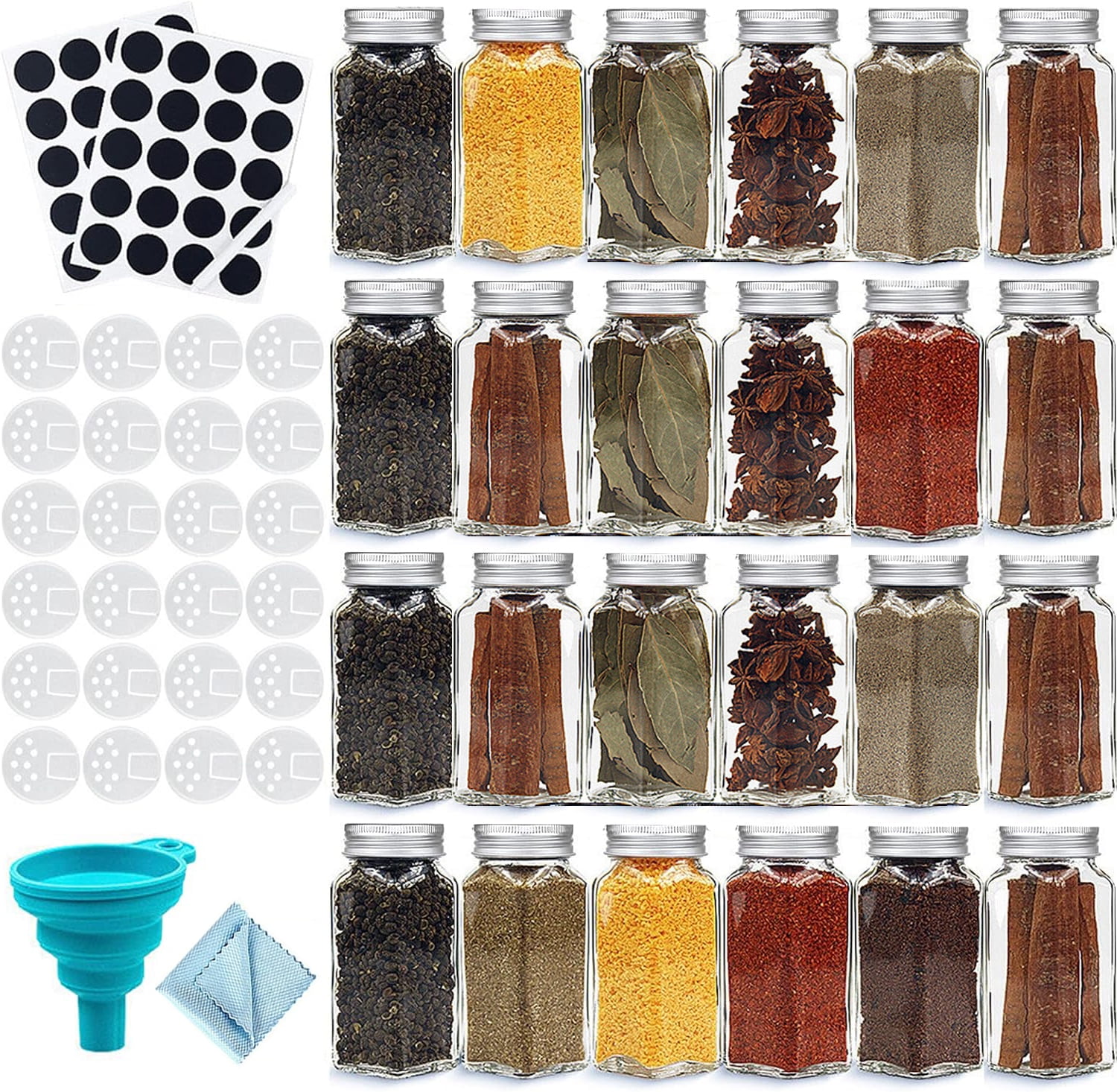 24 Glass Spice Jars with w/40 Labels Stickers-4oz Empty Square Spice ...