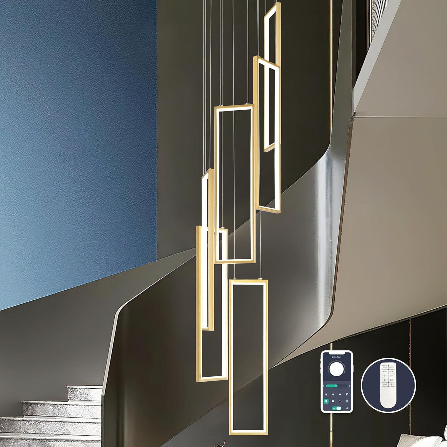 24 in Gold Modern LED Chandelier with 6 Rings Rectangle Staircase ...