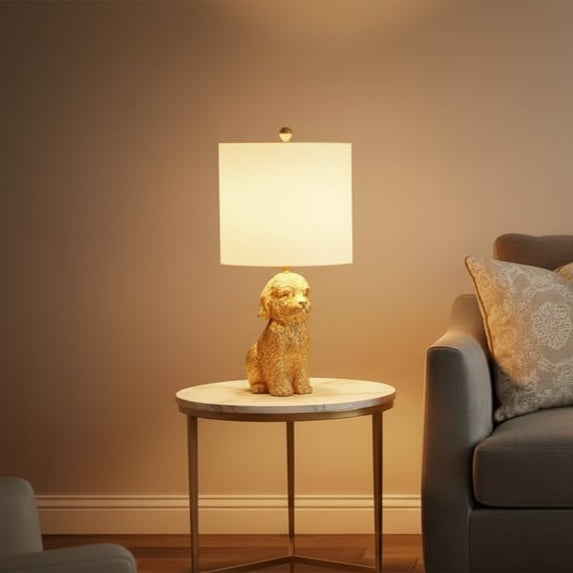 24" Golden Doodle Dog Resin Table Lamp, Desk Lamp w/White Linen Shade ...
