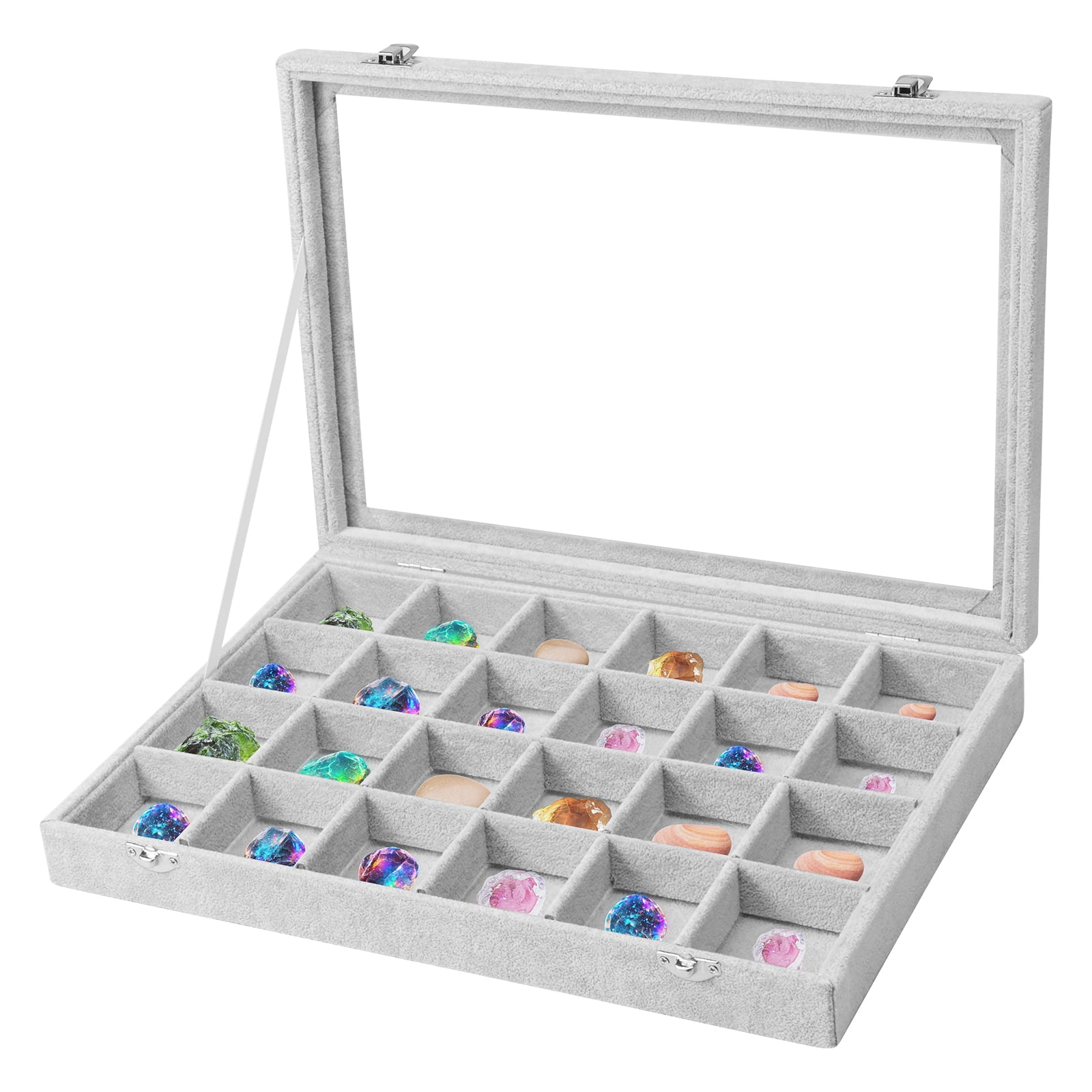 24 Grid Rock Display Case With Metal Lock Clear Glass Lid Multipurpose ...