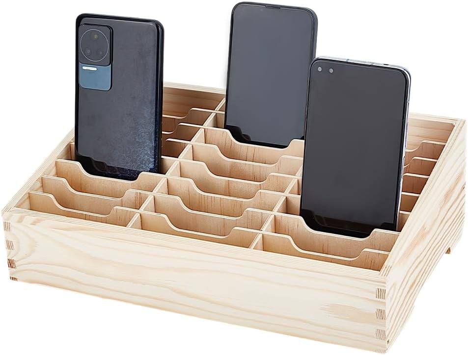 24-Grid Wooden Cell Phone Holder Multifunctional Mobile Phone Organiser ...
