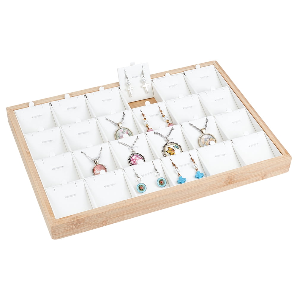 24 Grids Bamboo Pendant Display Trays with PU Imitation Leather Display ...