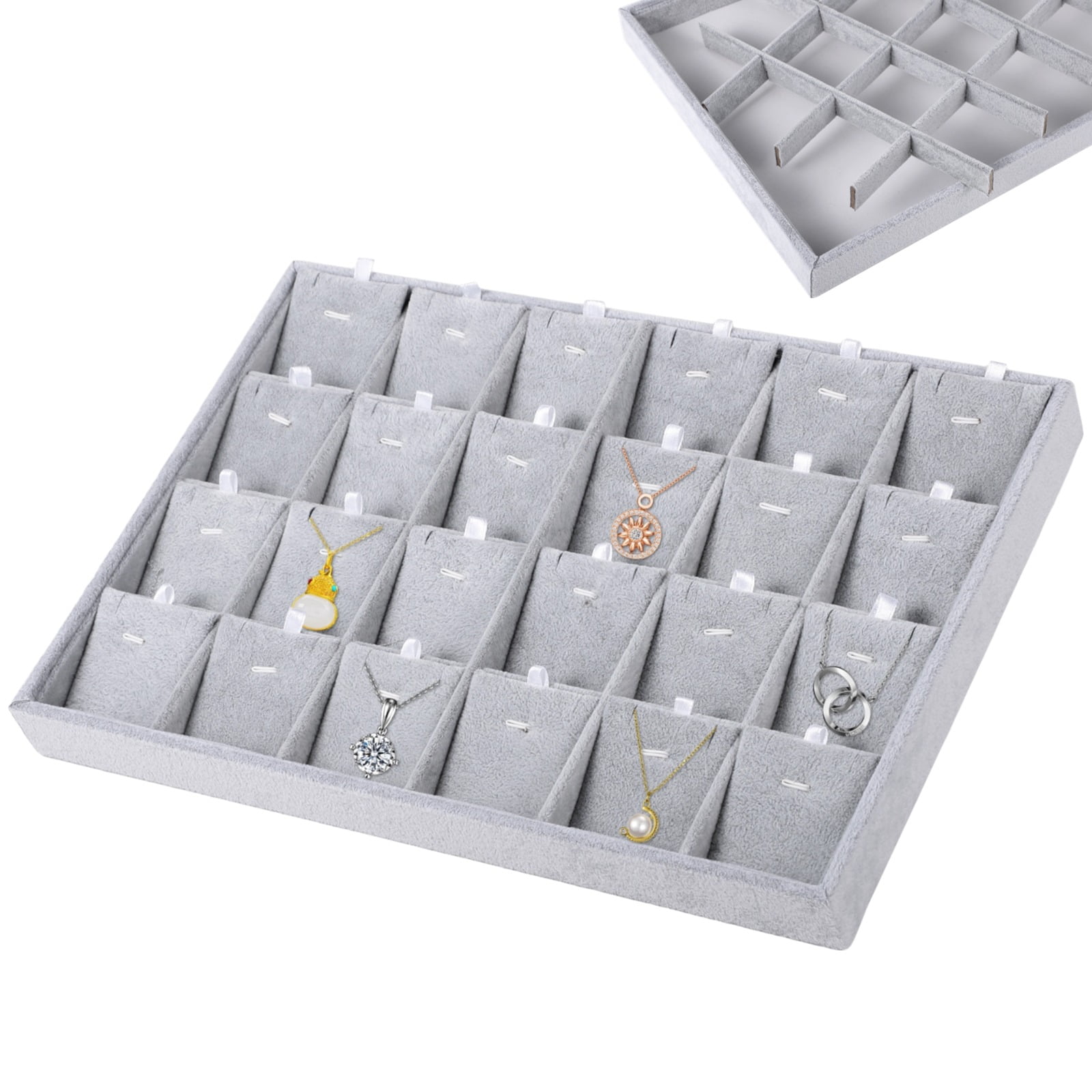 24 Grids Jewelry Tray, Velvet Pendant Necklace Organizer, Stackable ...