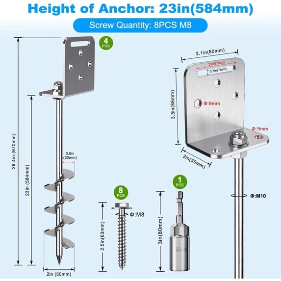 24'' Ground Anchors Screw in Heavy Duty Earth Anchor 10mm Solid Steel ...