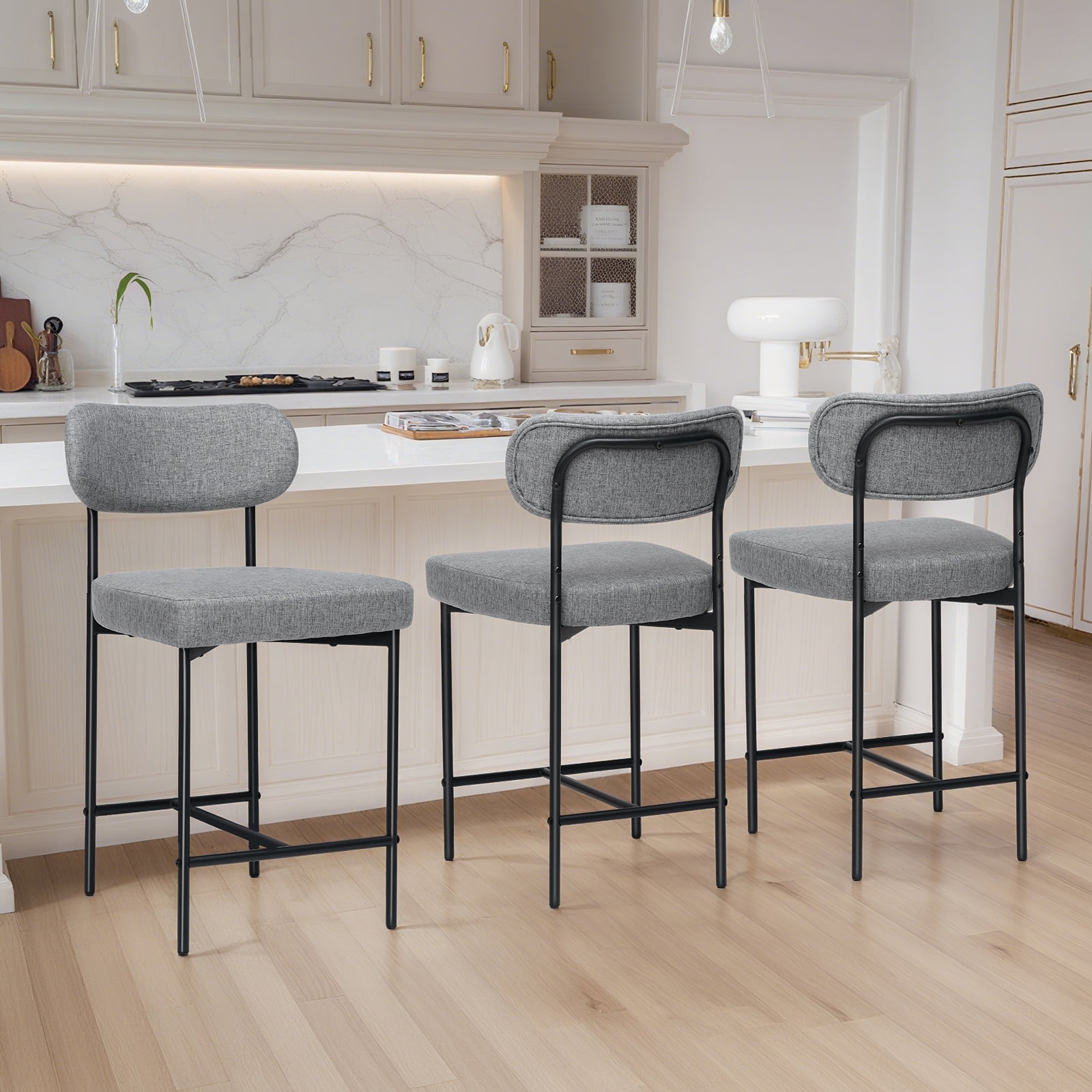 Hommpa Bar Stools Chairs Set of 3, 24" Gray Fabric Kitchen Counter ...