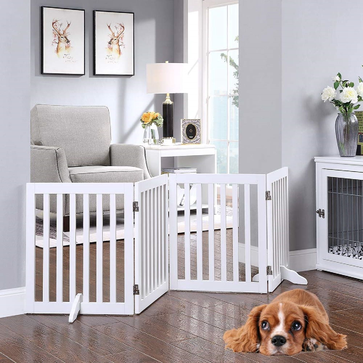 24”H Free Standing Pet Gate for Dog Cat, Wooden Dog Gates for Doorway ...