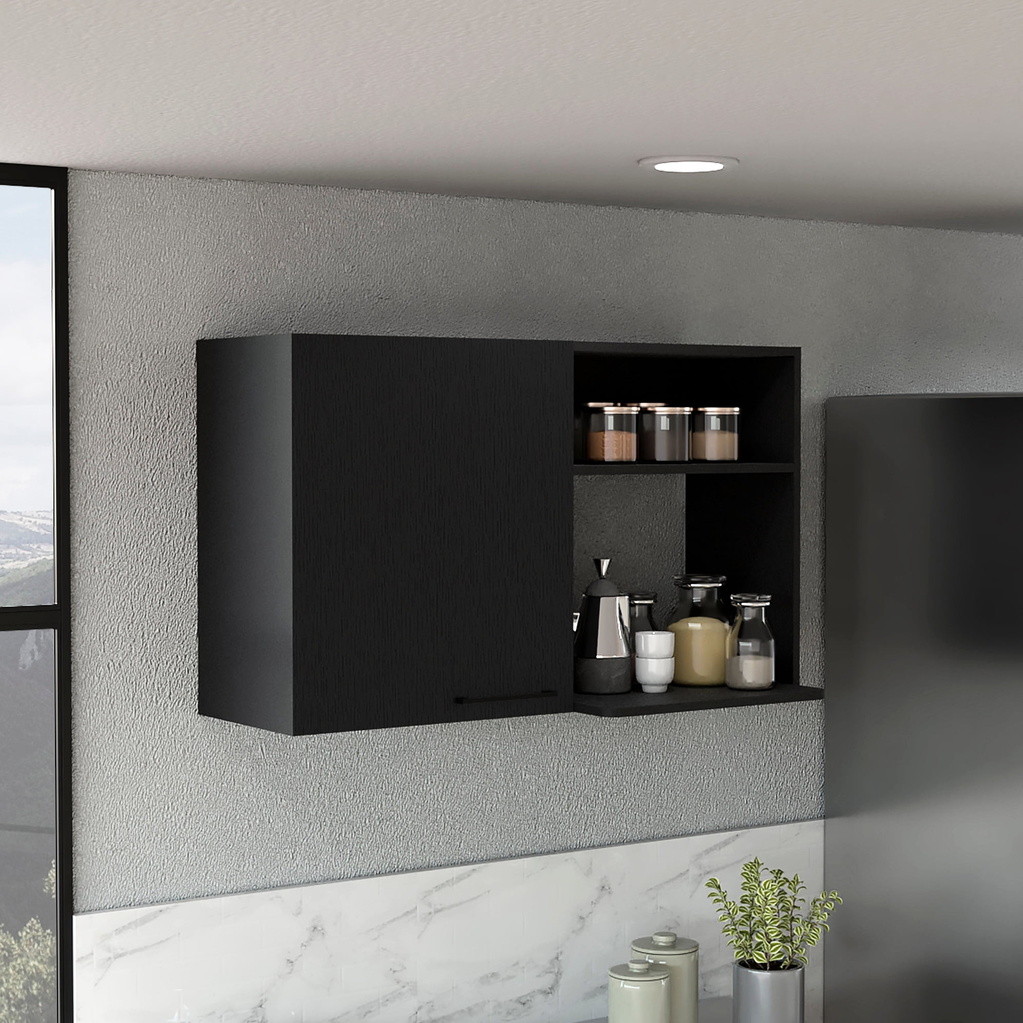 24" H Stackable Wall Cabinet In Black, Two Internal Shelves, External Storage One Door ...