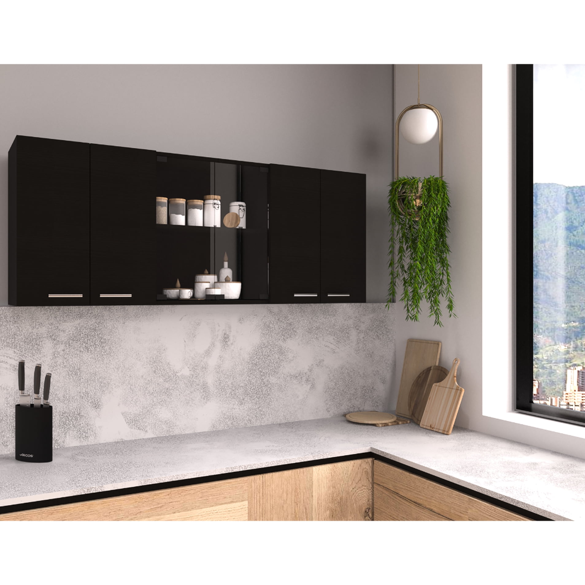 24" H Wall Cabinet In Black, 4 Doors With Metal Handles, 2 Internal ...