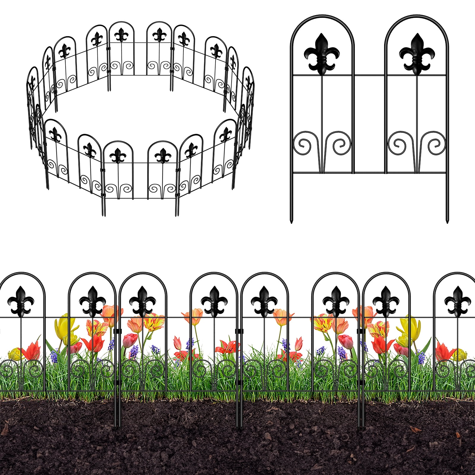 24" (H) x 30' (L), Double Fancy Decorative Outdoor Fence, Garden Fence, Rustproof Metal (10 pcs ...