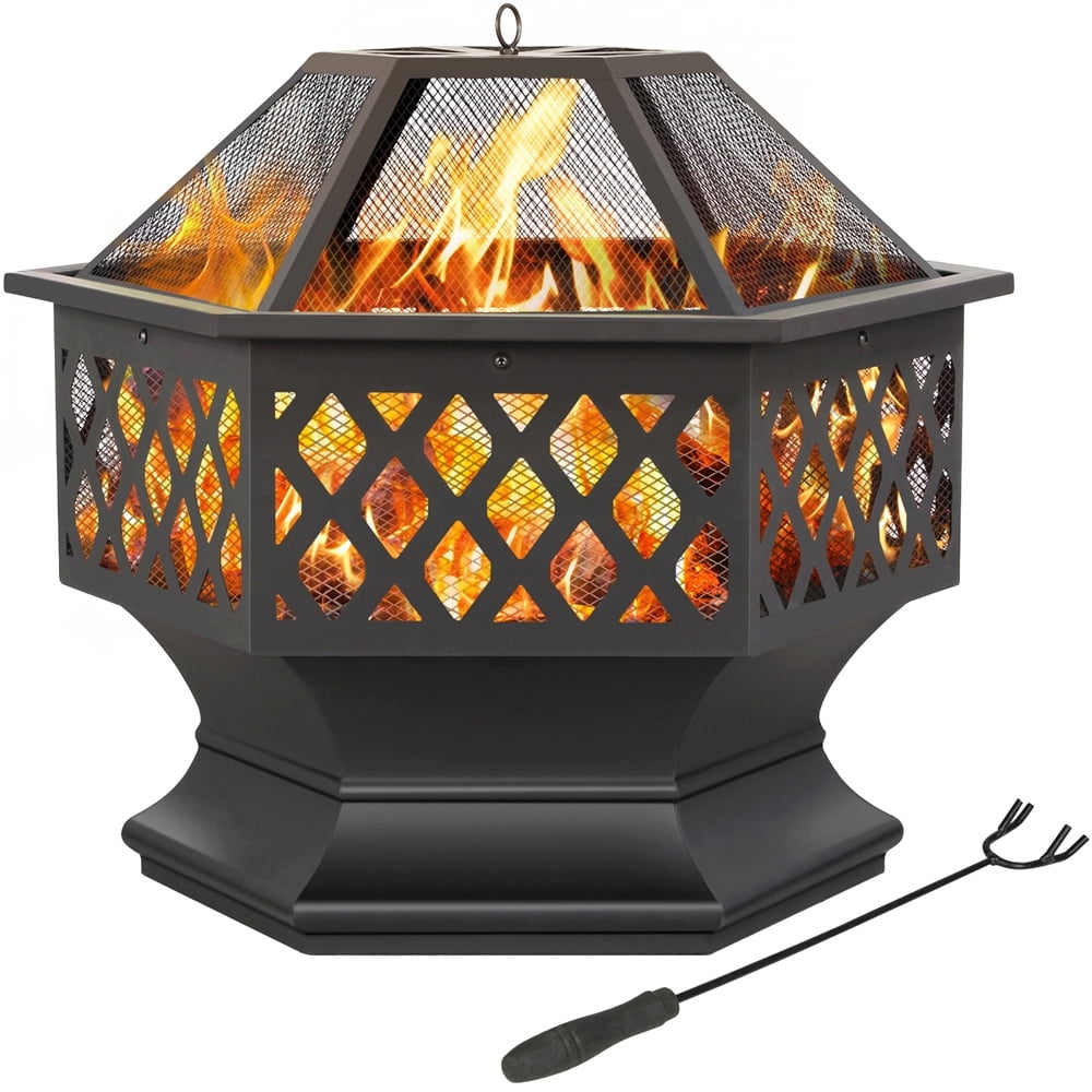 24" Hexagon Outdoor Fire Pit with Mesh Cover & Poker | Heavy-Duty Steel ...