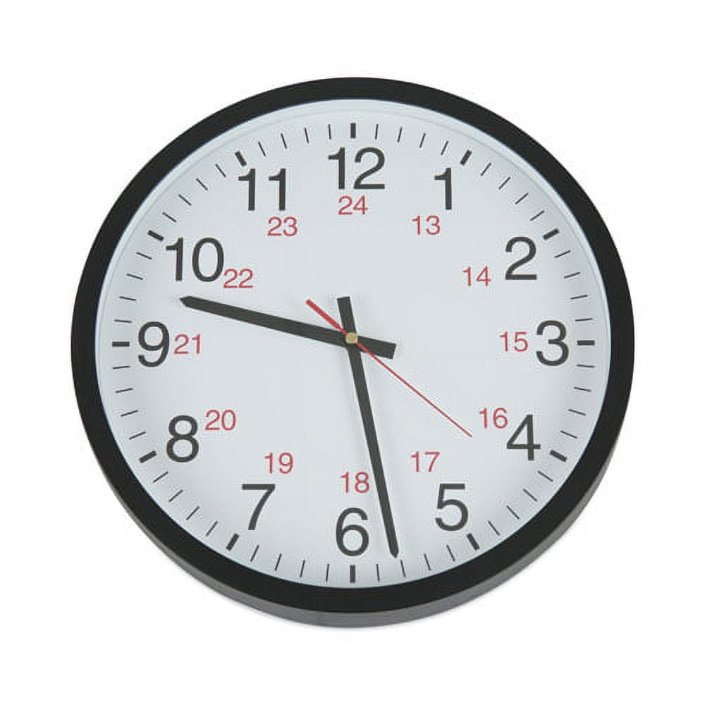 24-Hour Round Wall Clock, 12.63" Overall Diameter, Black Case, 1 Aa ...