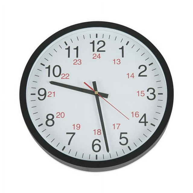 24-Hour Round Wall Clock, 12.63" Overall Diameter, Black Case, 1 Aa ...