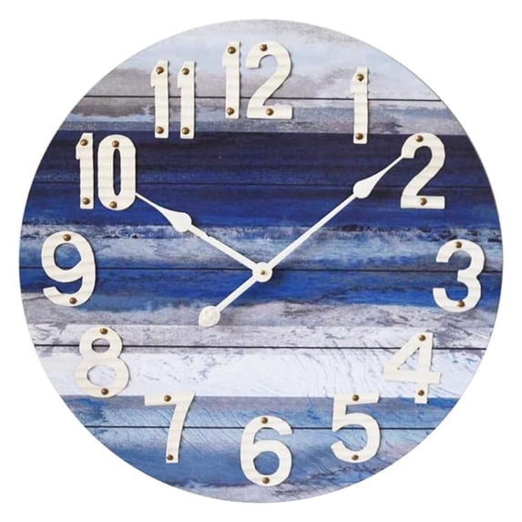 24 Inch Beach Blue Wall Clock - Silent Non-Ticking Rustic Coastal ...