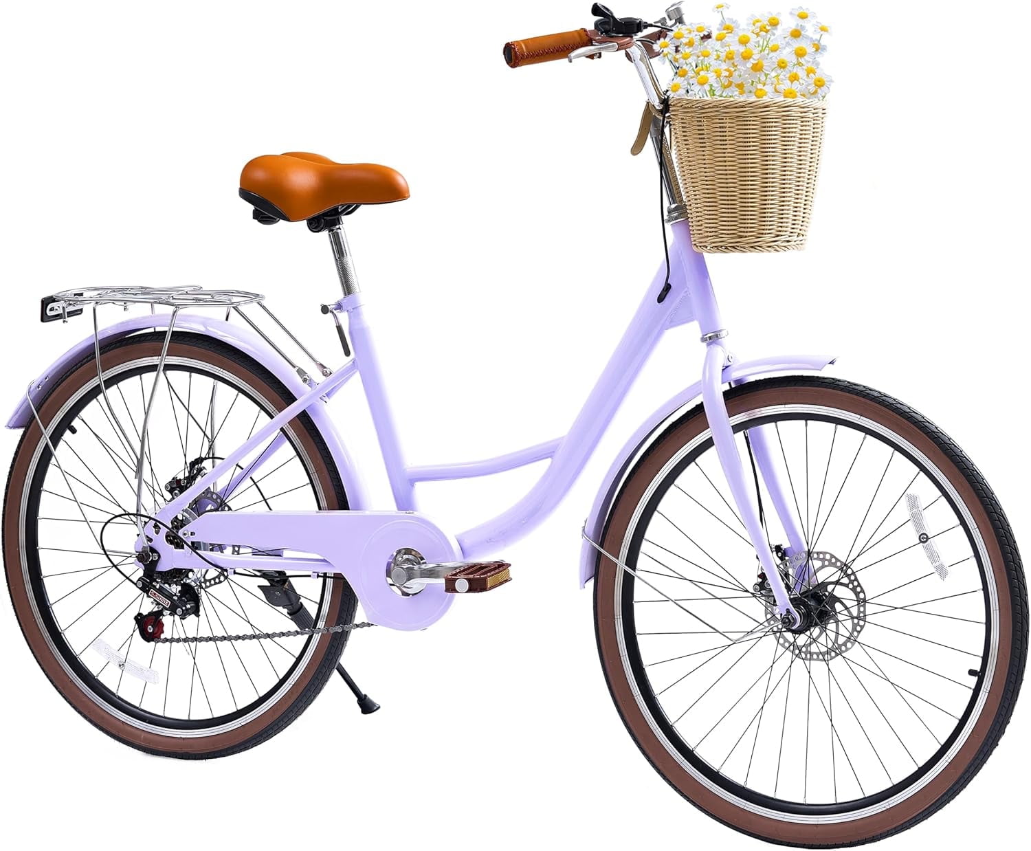 24 Inch Beach Cruiser Bike for Women, 7 Speed Commuter Bicycle with ...