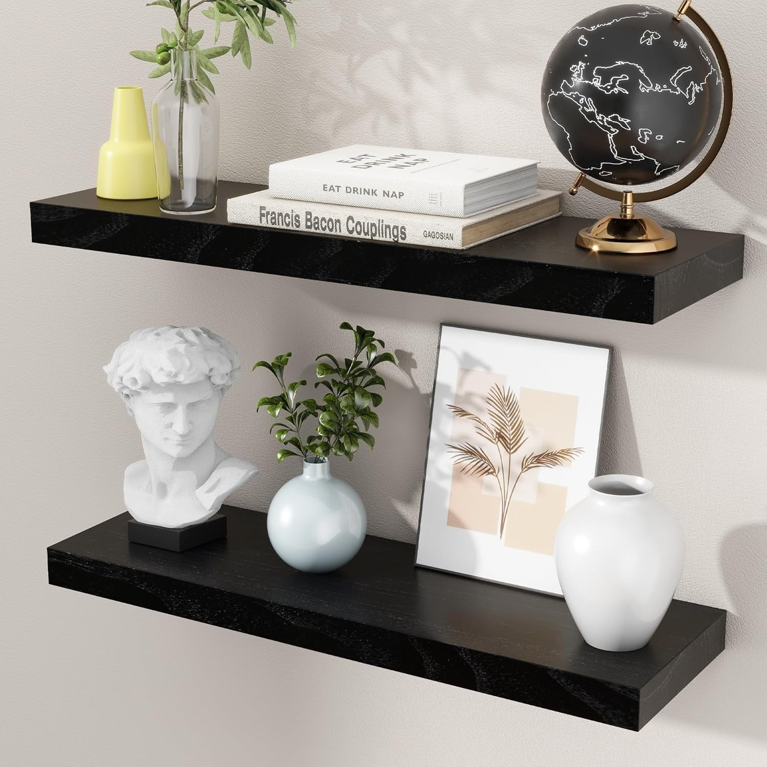 24 Inch Black Floating Shelves for Wall, Solid Wood Wall Shelves Set of ...