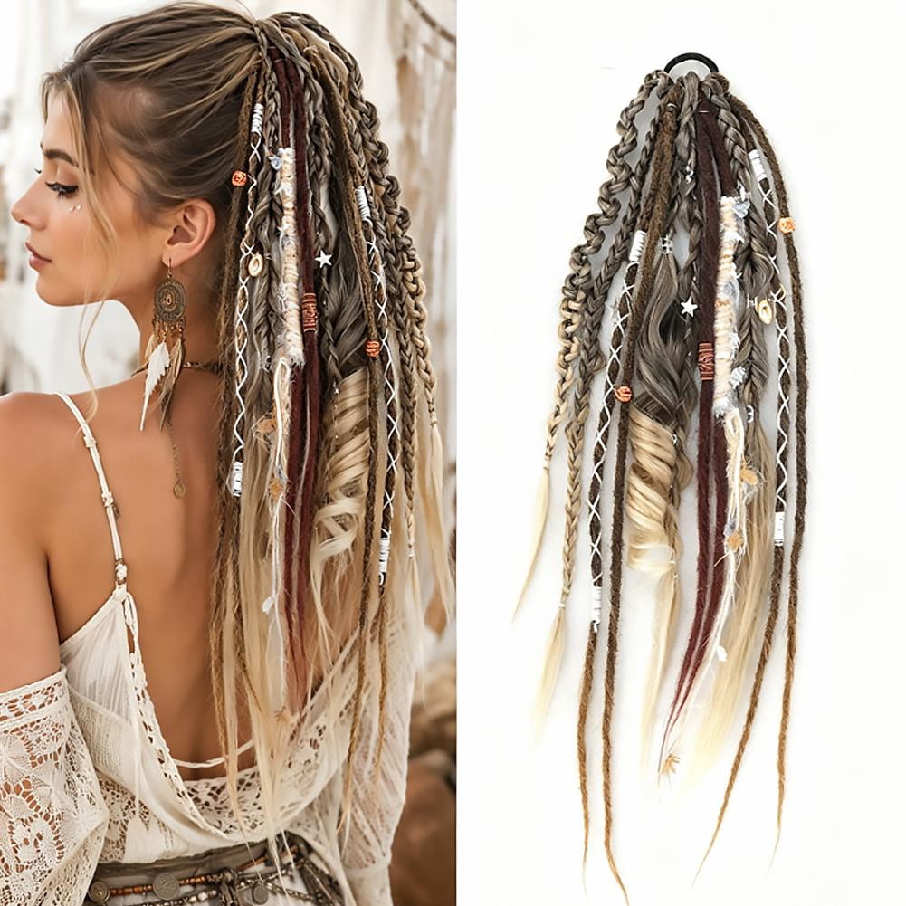 24 Inch Boho Braided Dreadlock Ponytail Extension with Shell and Charm ...