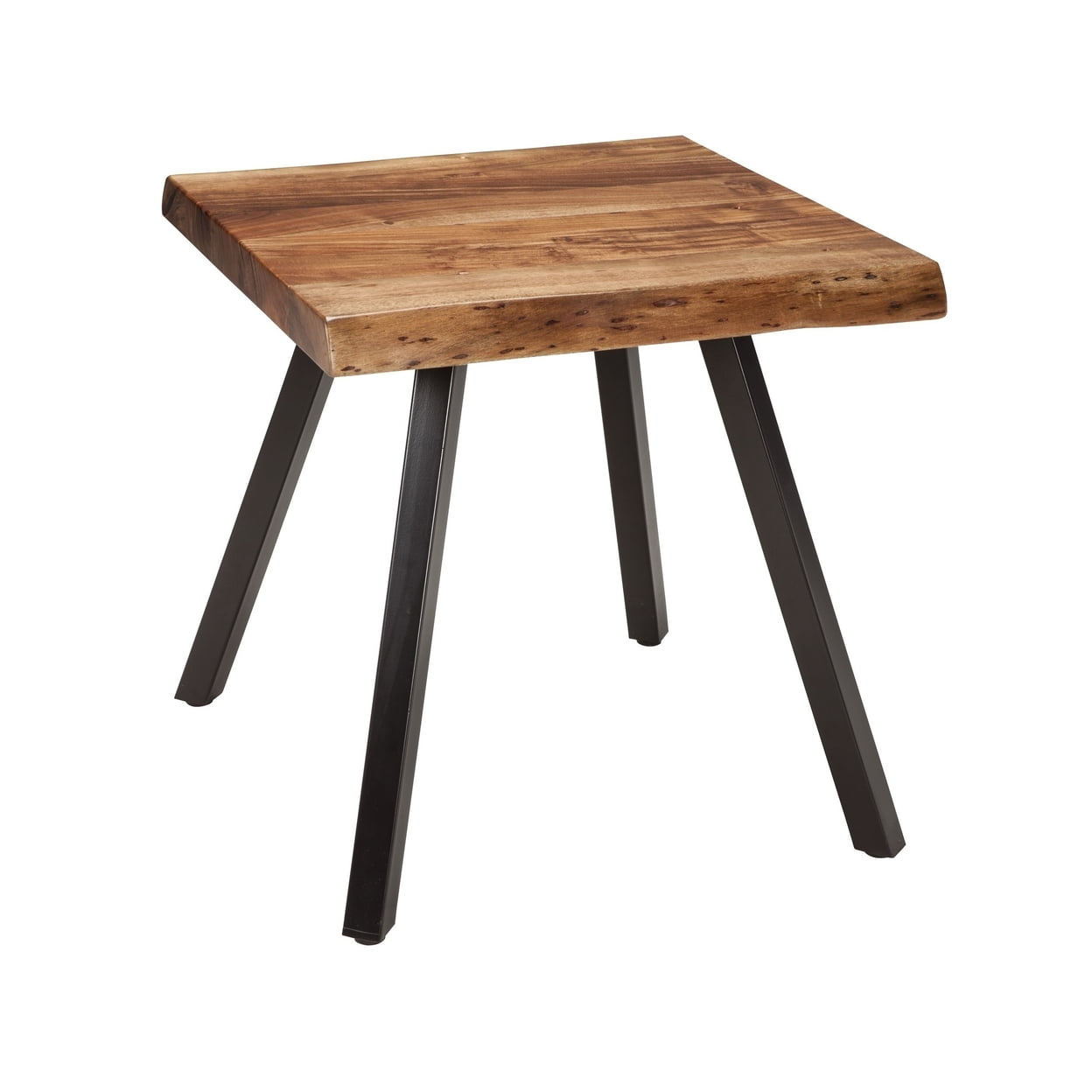24 Inch Brown Acacia Wood End Table, Live Edges, Angular Black Metal ...