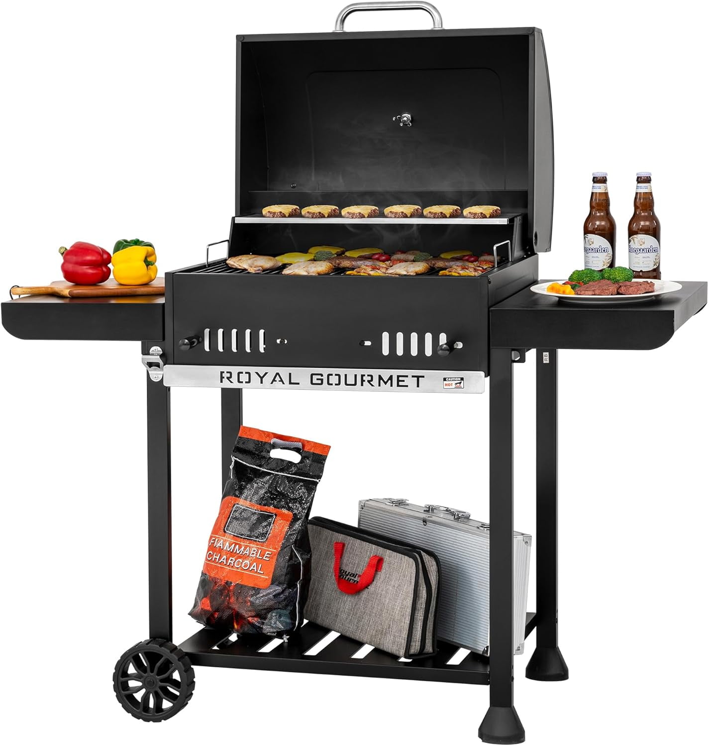 24-Inch Charcoal Grill with Foldable Side Tables, Movable BBQ Grill ...