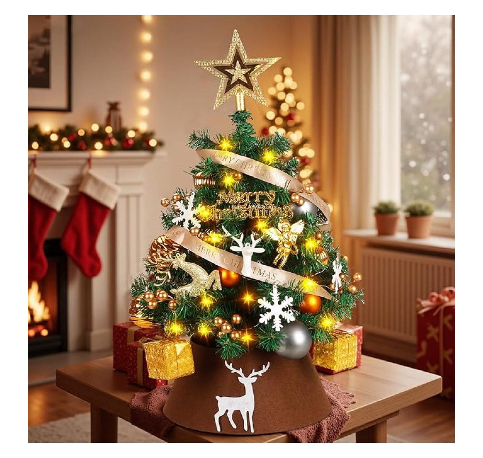 24 Inch Christmas Tree, Artificial Mini Xmas Pine Tree with 30 Lights ...