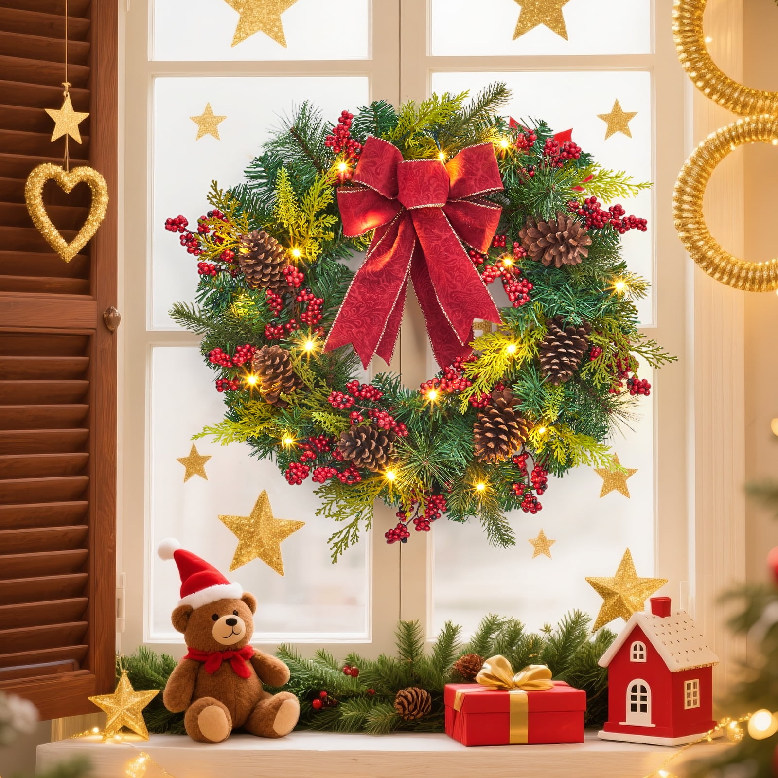 24 Inch Christmas Wreath for Front Door, Artificial Lighted Wreaths ...