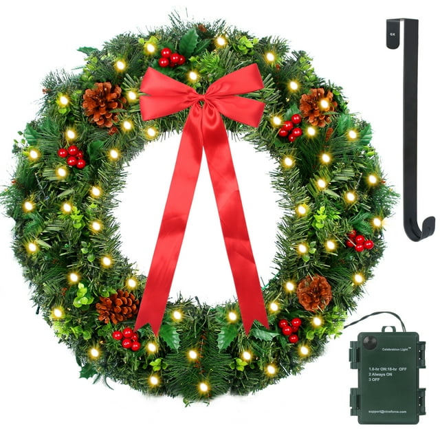 24 Inch Battery Operated LED Christmas Wreath with Timer, Red Berries ...