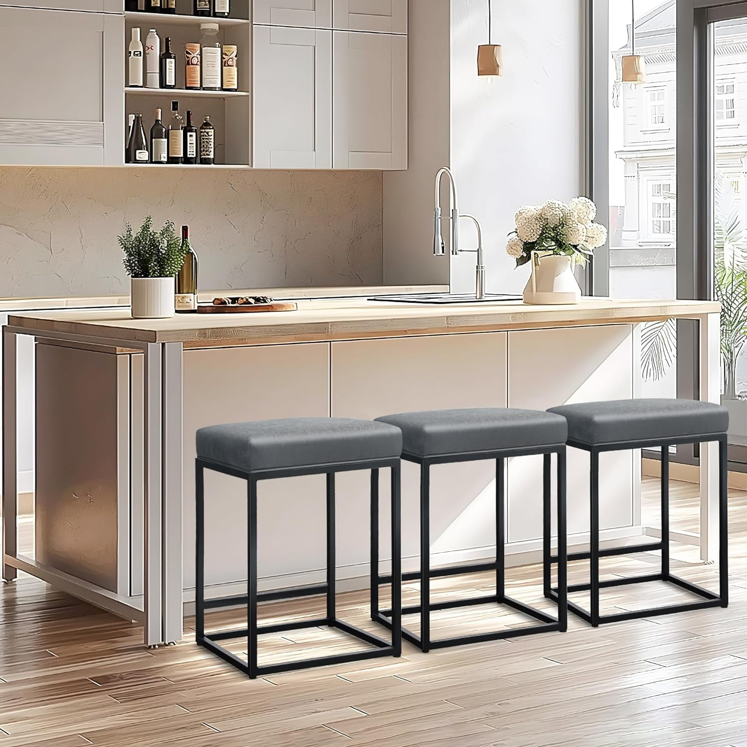 24 Inch Counter Height Bar Stools Set of 3, Upholstered Bar Stools for ...