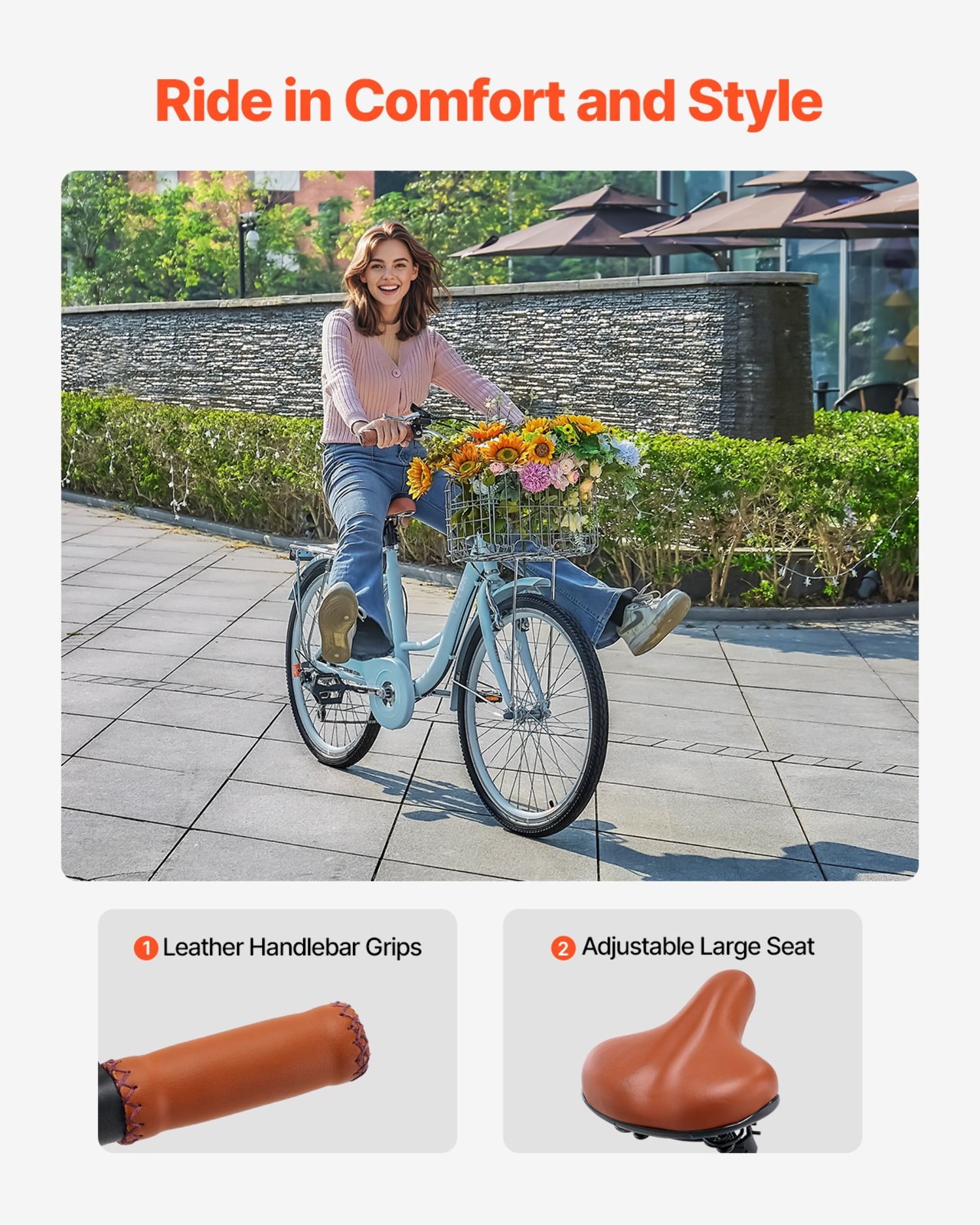 24-Inch Cruiser Bike 7-Speed Light Blue Beach Cruiser Bike with Basket ...