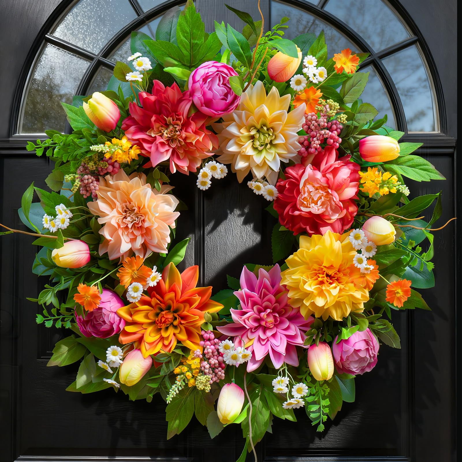 24 Inch Dahlia and Greenery Wreath for Indoor or Outdoor All Season Use ...