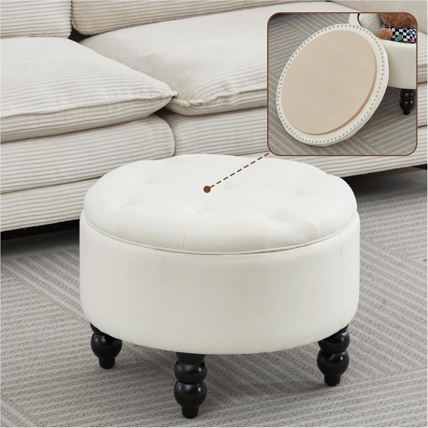 24 Inch Fabric Round Ottoman with Storage, Modern Upholstered Button ...