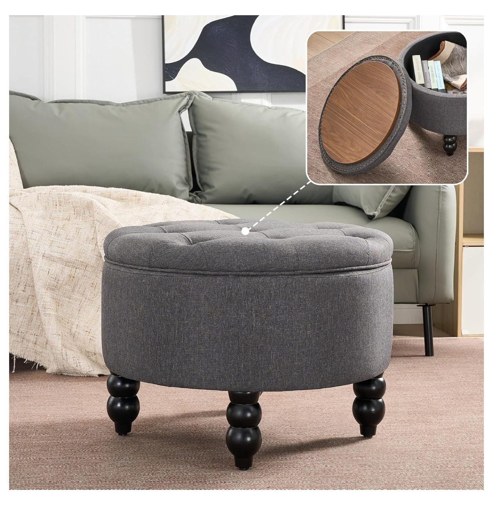24 Inch Fabric Round Ottoman with Storage, Upholstered Button Tufted ...
