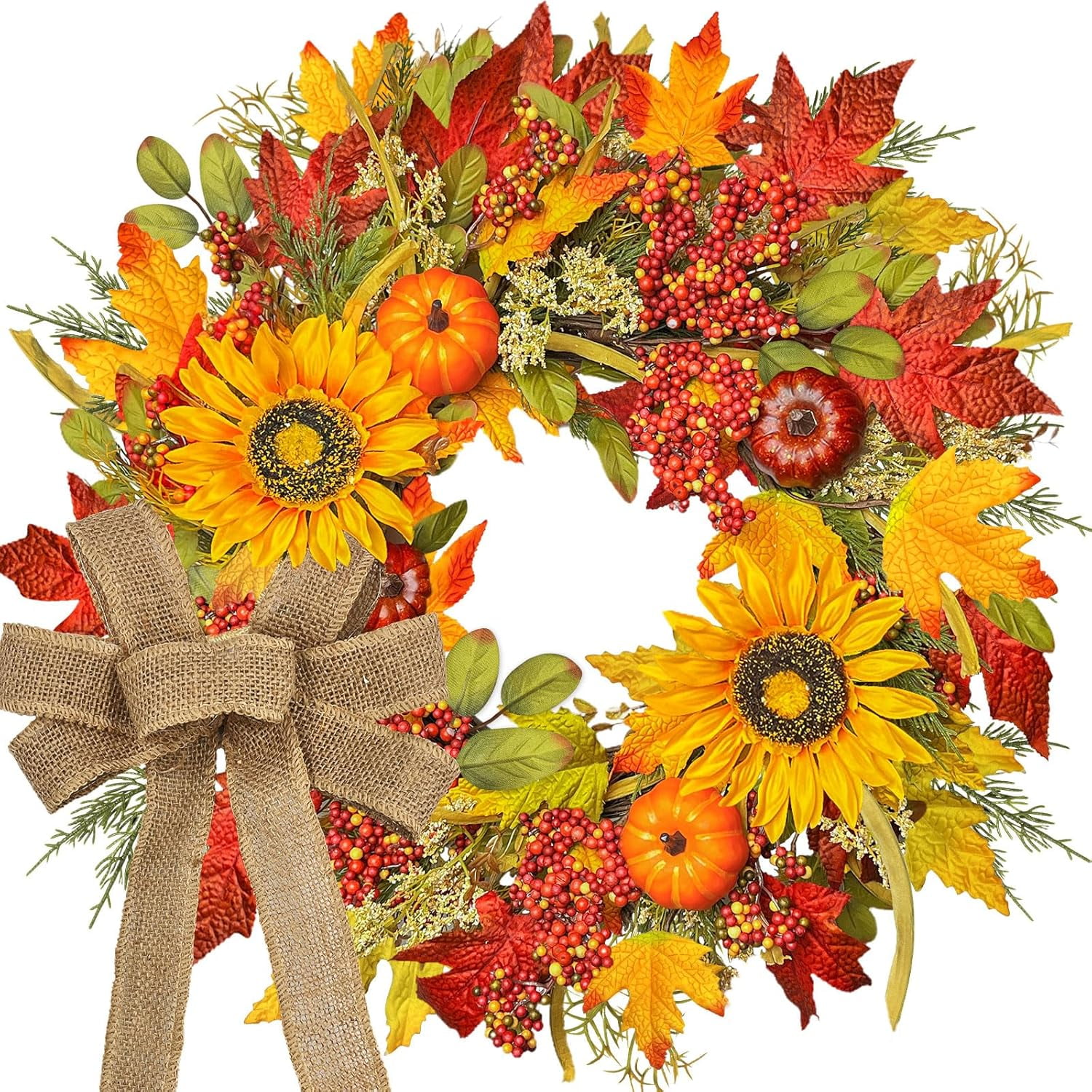 24 Inch Fall Wreath for Front Door with Lights, Harvest Wreath with ...