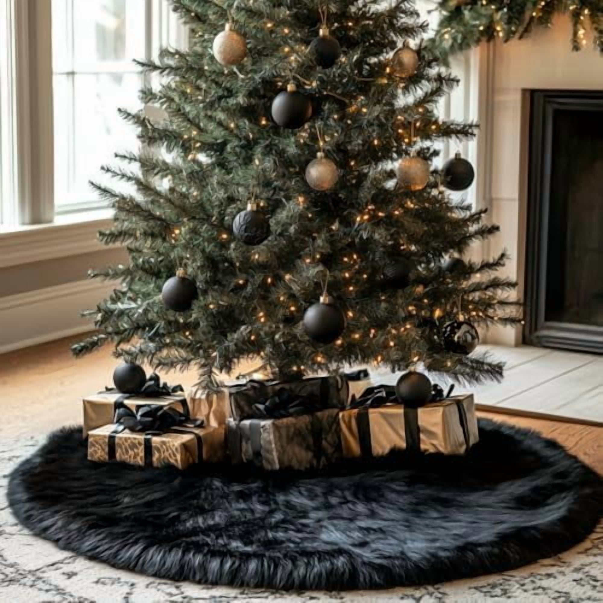 24 Inch Faux Fur Christmas Tree Skirt Black Plush Skirt for Merry ...