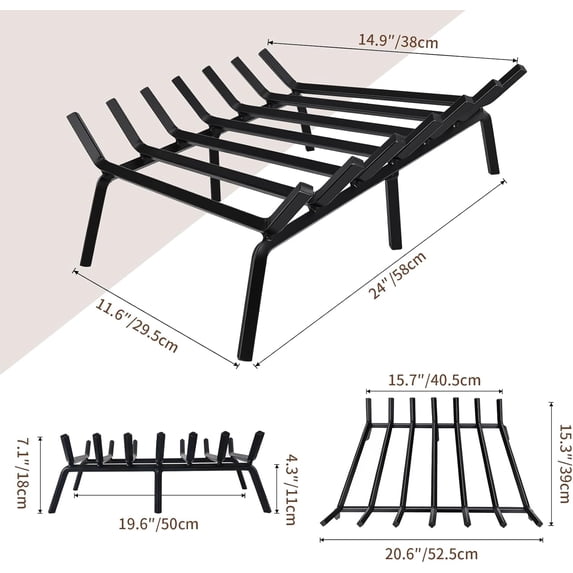 24 Inch Fireplace Grate, Heavy Duty Carbon Steel Firewood Log Holder ...